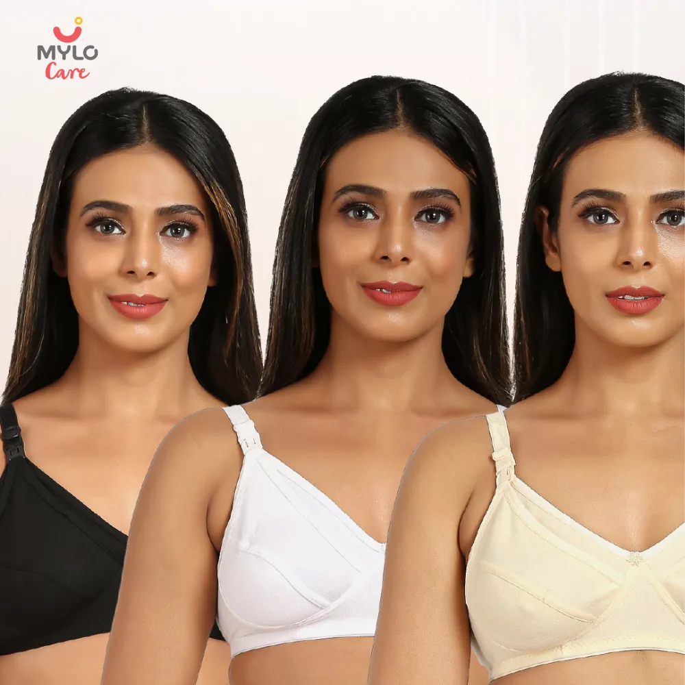 Maternity/Nursing Bras Non-Wired, Non-Padded - Pack of 3 with free Bra Extender (Classic Black ...